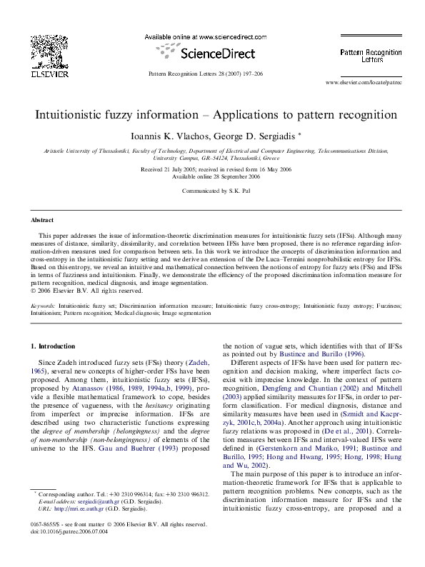 (PDF) Intuitionistic fuzzy information - Applications to pattern recognition