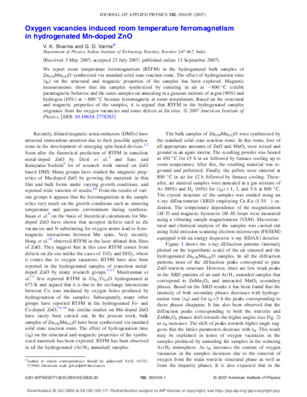 (PDF) Oxygen vacancies induced room temperature ferromagnetism in hydrogenated Mn-doped ZnO