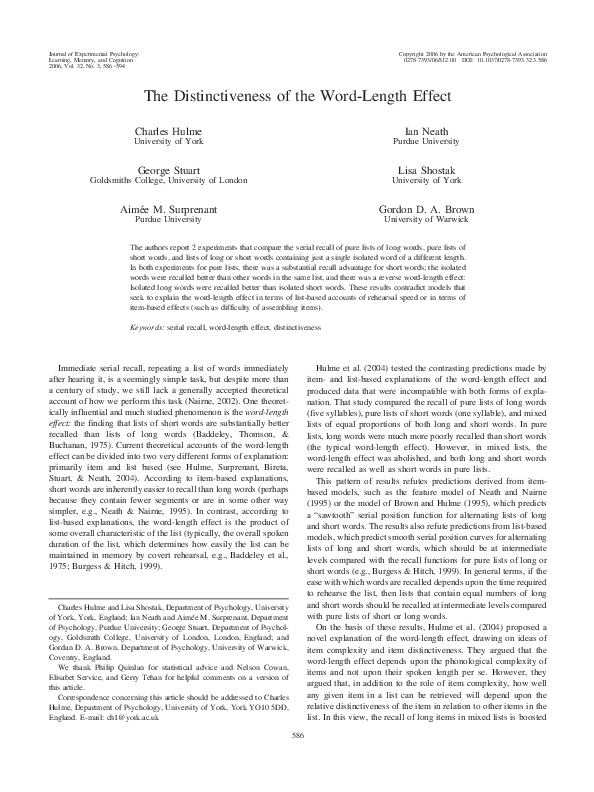 (PDF) The Distinctiveness of the Word-Length Effect