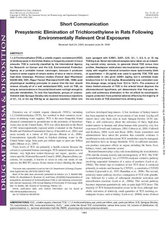 (PDF) Presystemic Elimination of Trichloroethylene in Rats Following ...