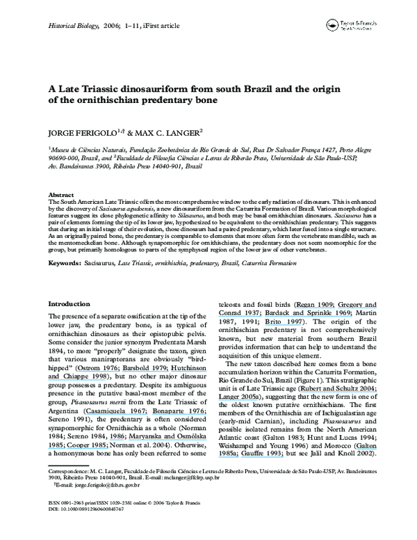 (PDF) A Late Triassic dinosauriform from south Brazil and the origin of ...