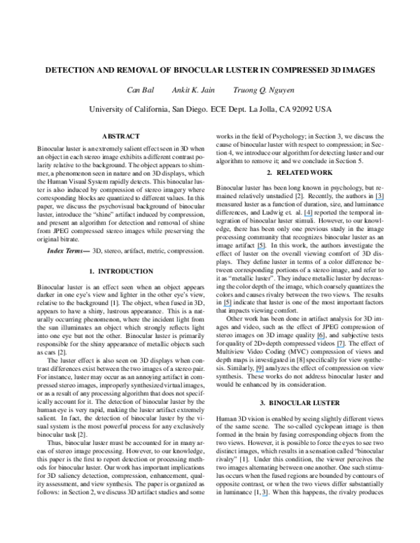 (PDF) Detection and removal of binocular luster in compressed 3D images