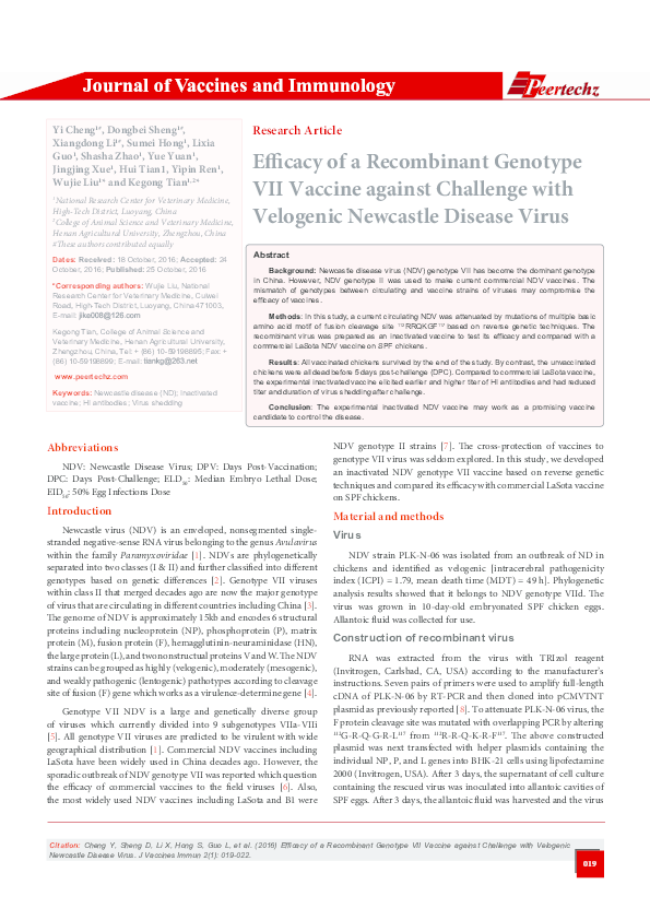 (PDF) Efficacy of a Recombinant Genotype VII Vaccine against Challenge ...