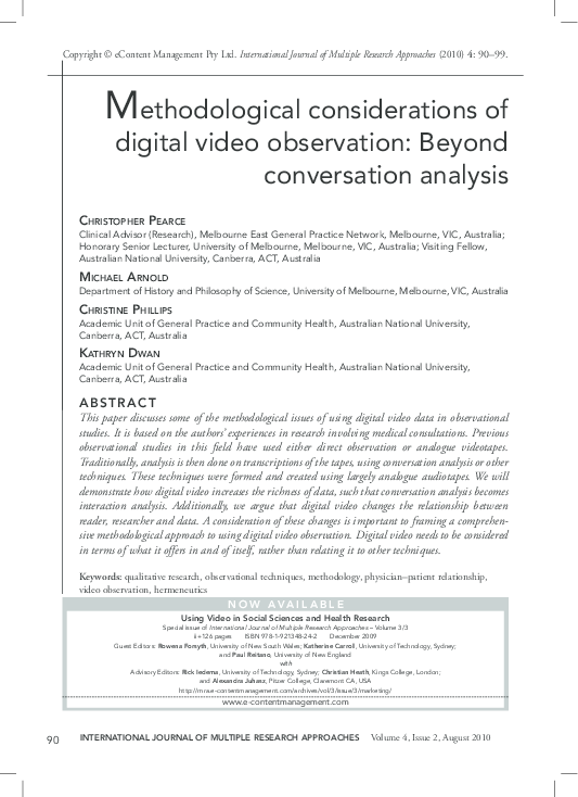 (PDF) Methodological considerations of digital video observation: Beyond conversation analysis