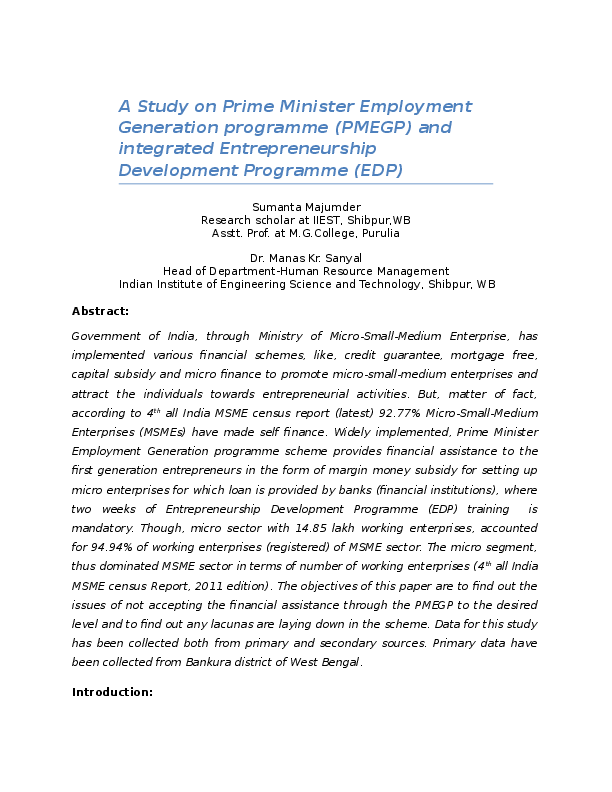 (DOC) A Study on Prime Minister Employment Generation programme (PMEGP ...