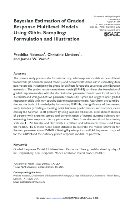 Pdf Bayesian Estimation Of Graded Response Multilevel Models Using Gibbs Sampling Formulation