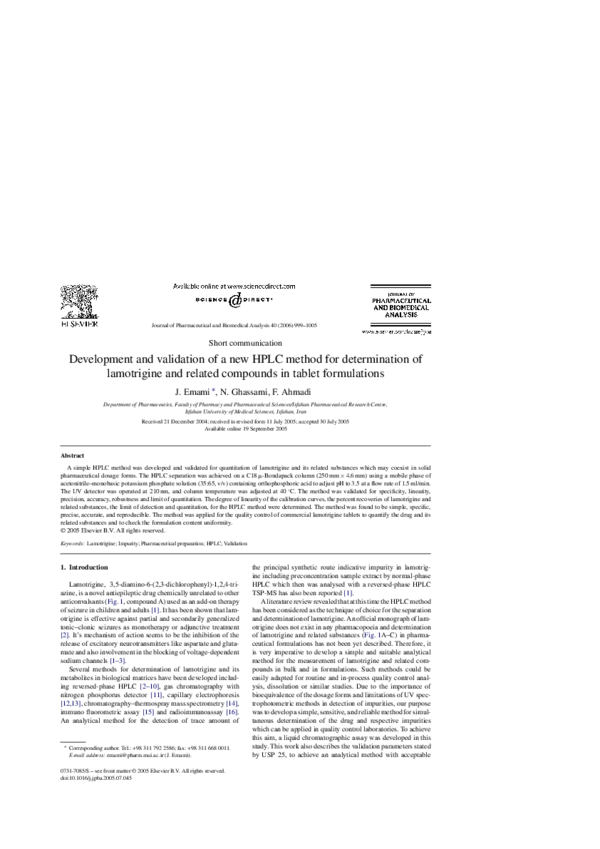 Pdf Validated Hplc Method For Lamotrigine Analysis