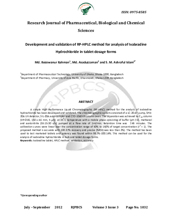 Pdf Development And Validation Of Rp Hplc Method For The Simultaneous Estimation Of