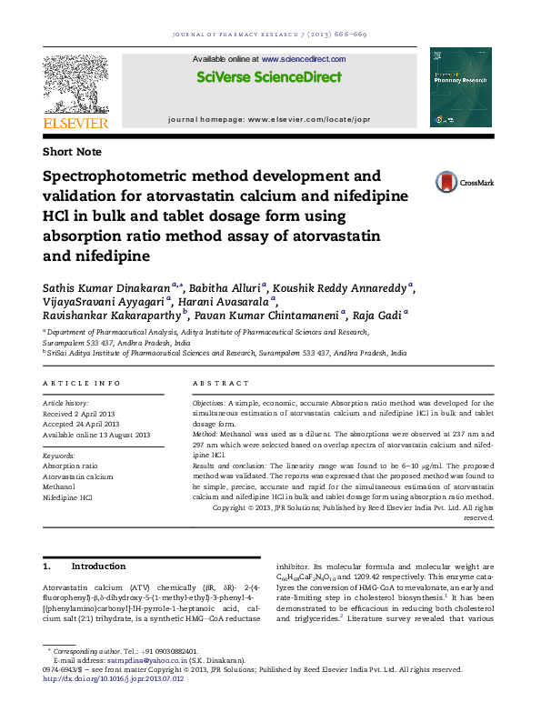 Pdf Spectrophotometric Method Development And Validation For Atorvastatin Calcium And
