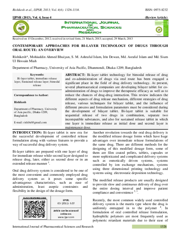 (PDF) Contemporary Approaches For Bi-layer Technology of Drugs Through ...