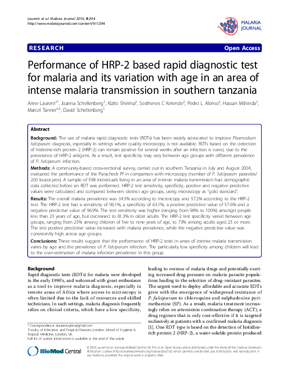 (PDF) Performance of HRP-2 based rapid diagnostic test for malaria and ...