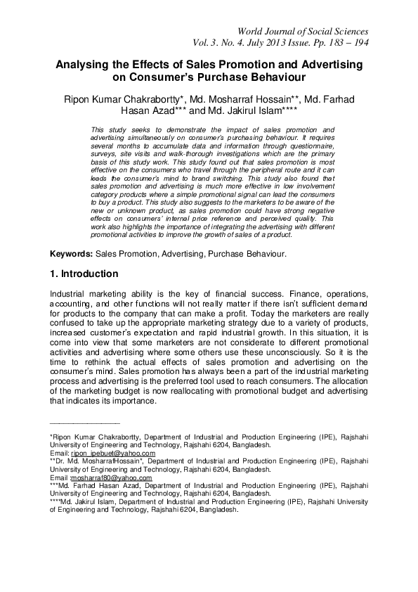 (PDF) Analysing the Effects of Sales Promotion and Advertising on ...