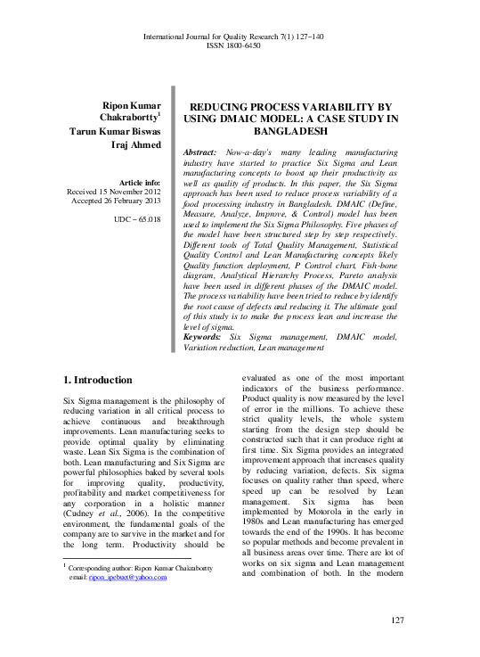 (PDF) Reducing Process Variability by Using Dmaic Model: A Case Study ...