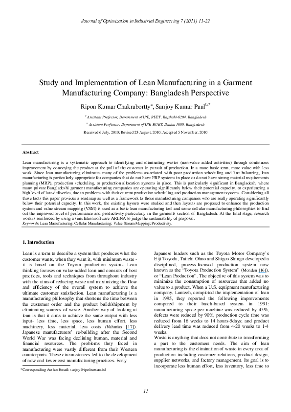 (PDF) Study and Implementation of Lean Manufacturing in a Garment Manufacturing Company ...