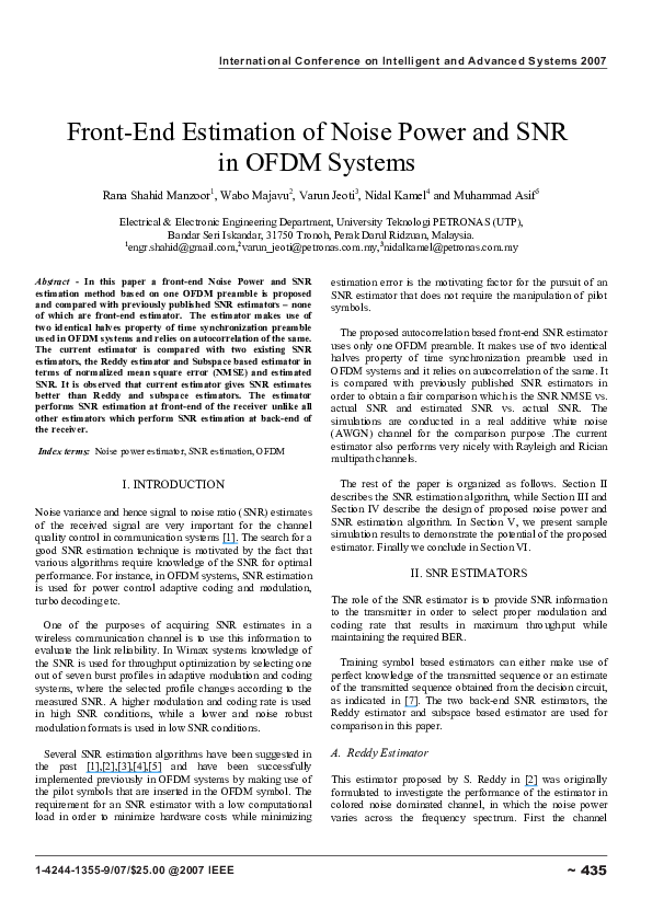 (PDF) Front-end estimation of Noise Power and SNR in OFDM systems