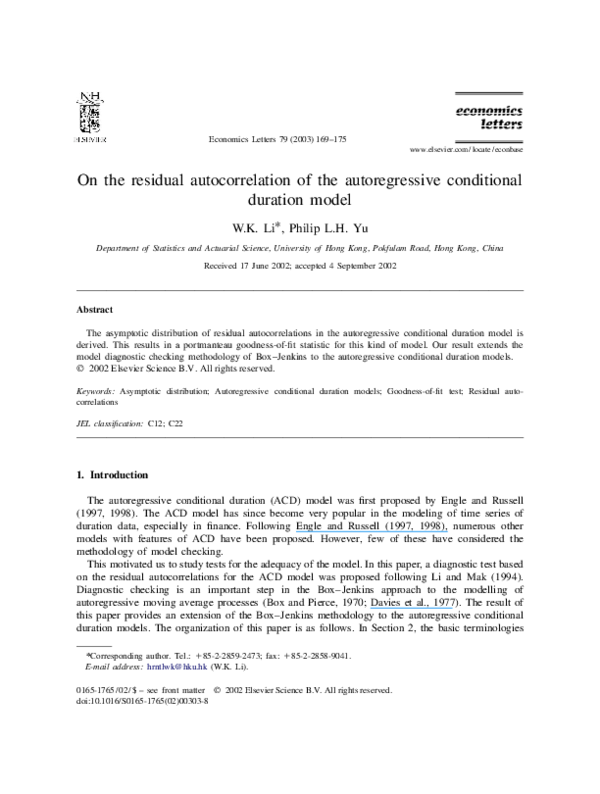 Pdf On The Residual Autocorrelation Of The Autoregressive Conditional