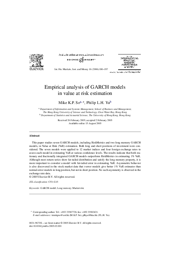 Pdf Empirical Analysis Of Garch Models In Value At Risk Estimation