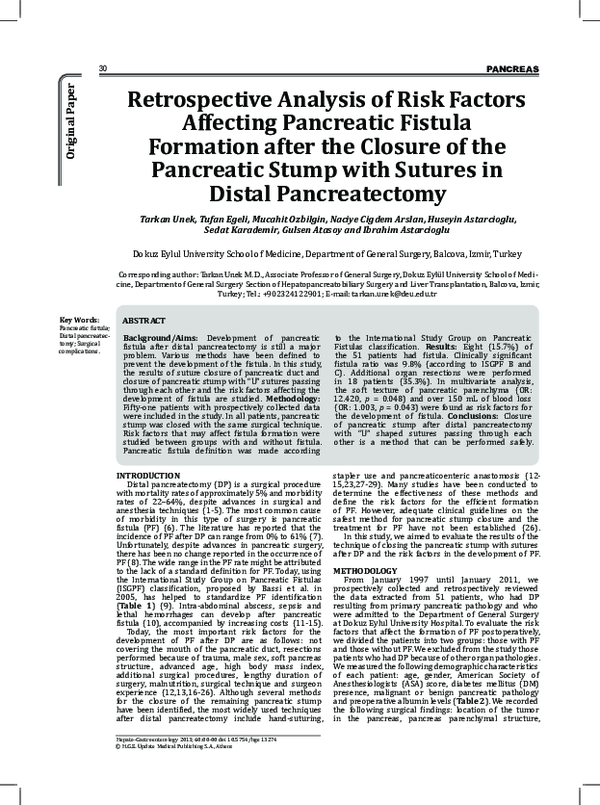 (PDF) Retrospective analysis of risk factors affecting pacreatic fistula formation after the ...
