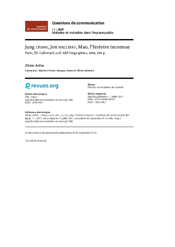 (PDF) Jung CHANG, Jon HALLIDAY, Mao, l'histoire inconnue