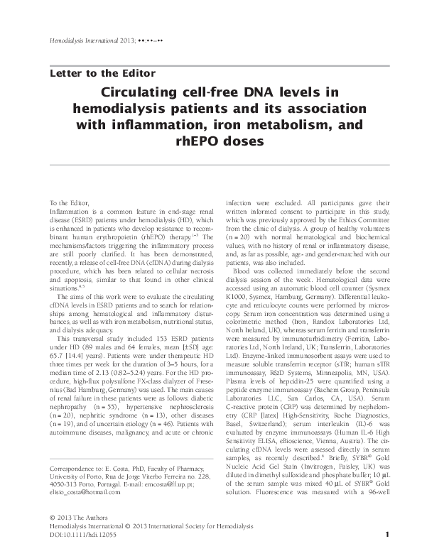 (PDF) Circulating cell-free DNA levels in hemodialysis patients and its ...