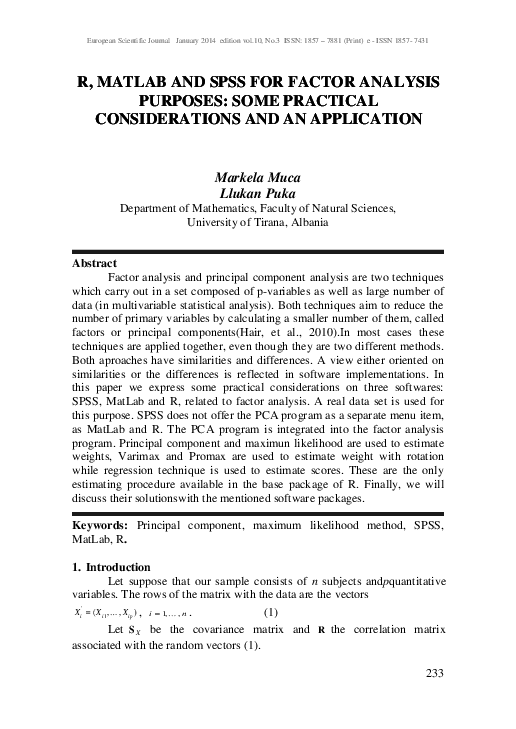 (PDF) R, Matlab and SPSS for Factor Analysis Purposes: Some Practical ...