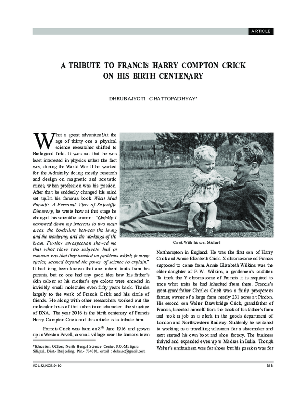 (PDF) A TRIBUTE TO FRANCIS HARRY COMPTON CRICK ON HIS BIRTH CENTENARY
