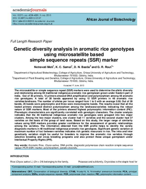 (PDF) Genetic diversity analysis in aromatic rice genotypes using microsatellite based simple ...