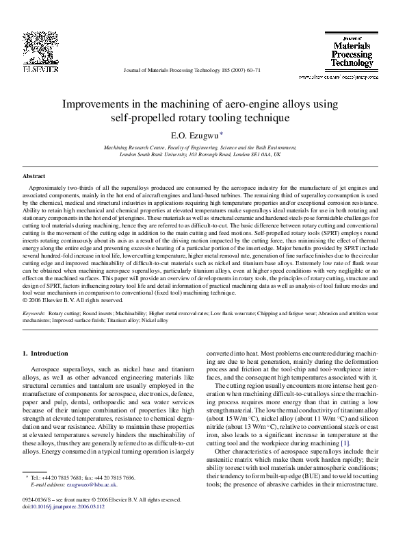 (PDF) Improvements in the machining of aero-engine alloys using self ...