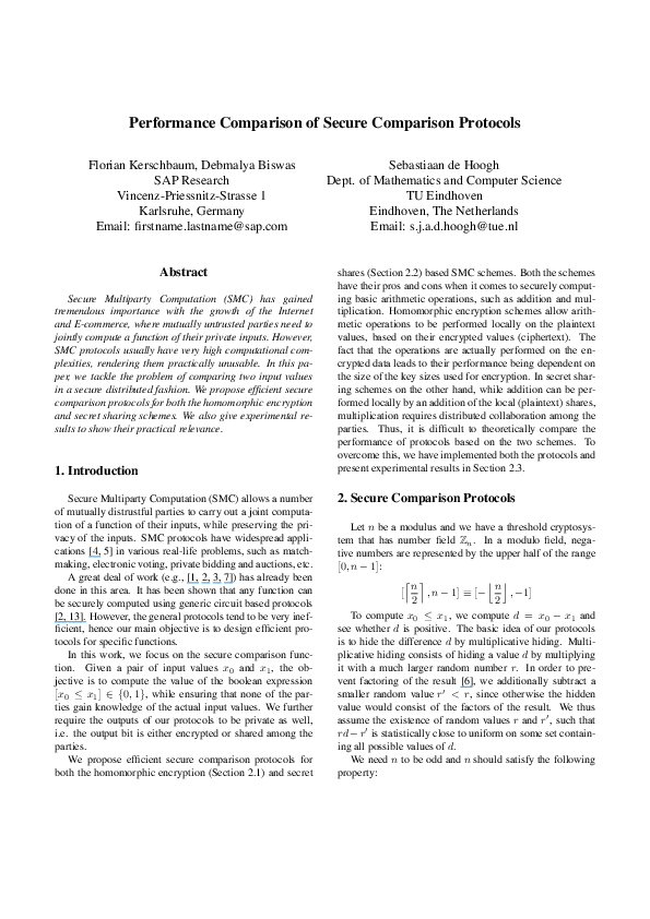 (PDF) Performance Comparison of Secure Comparison Protocols (PDF) Performance Comparison of Secure Comparison Protocols