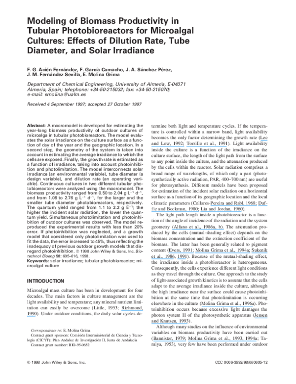 (PDF) Modeling of biomass productivity in tubular photobioreactors for microalgal cultures ...
