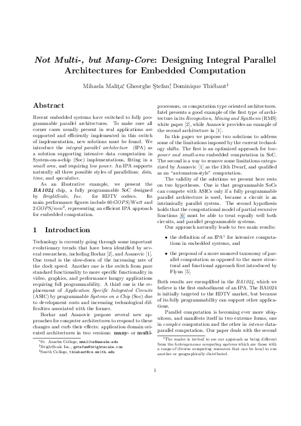 (PDF) Not multi-, but many-core: designing integral parallel architectures for embedded computation