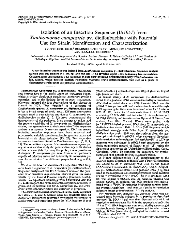 (PDF) Isolation of an insertion sequence (IS1051) from Xanthomonas campestris pv. dieffenbachiae ...