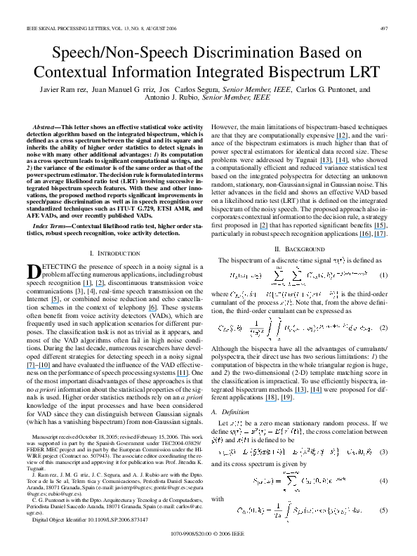 (PDF) Speech/non-speech discrimination based on contextual information integrated bispectrum LRT