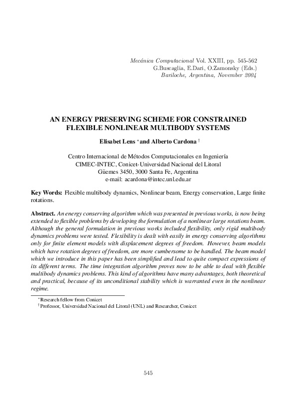 (PDF) AN ENERGY PRESERVING SCHEME FOR CONSTRAINED FLEXIBLE NONLINEAR MULTIBODY SYSTEMS