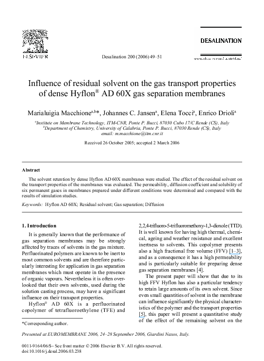 (PDF) Influence of residual solvent on the gas transport properties of ...
