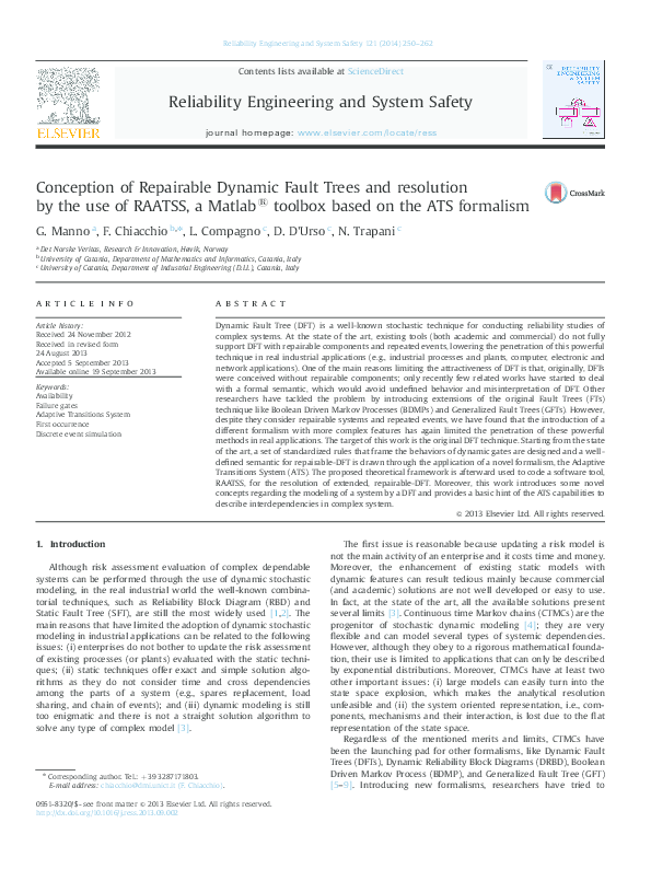 Pdf Conception Of Repairable Dynamic Fault Trees And Resolution By The Use Of Raatss A Matlab