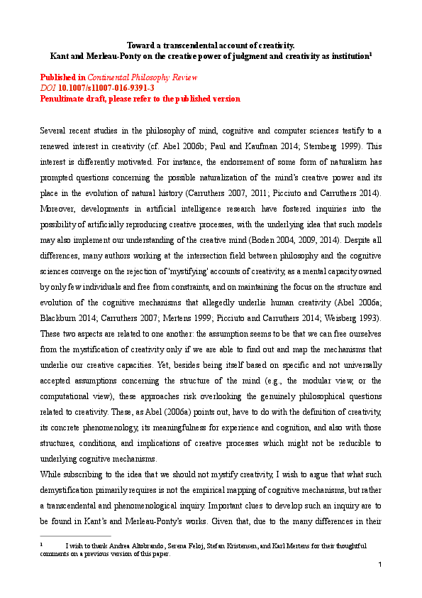 (PDF) Toward a transcendental account of creativity. Kant and Merleau ...