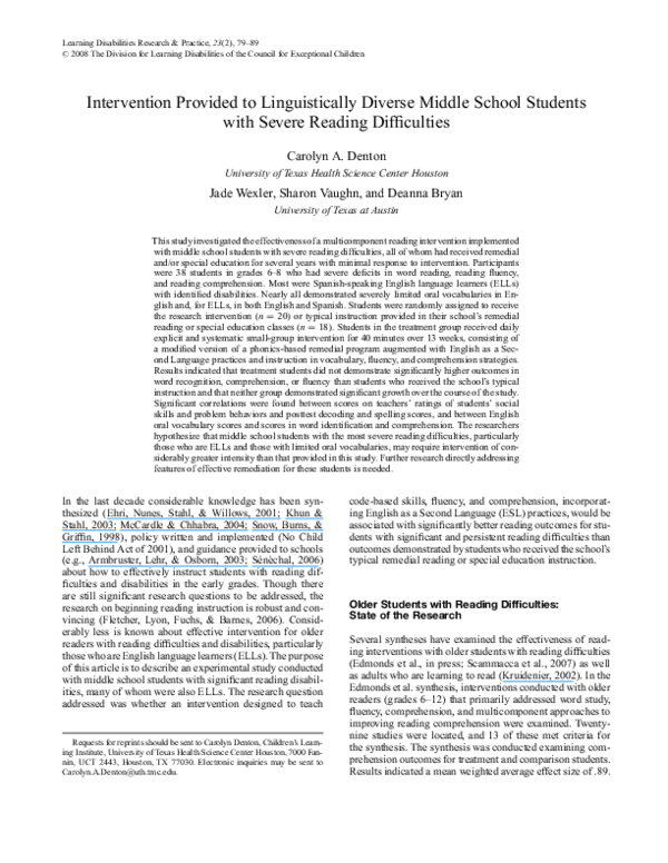 (PDF) Intervention Provided to Linguistically Diverse Middle School Students with Severe Reading ...