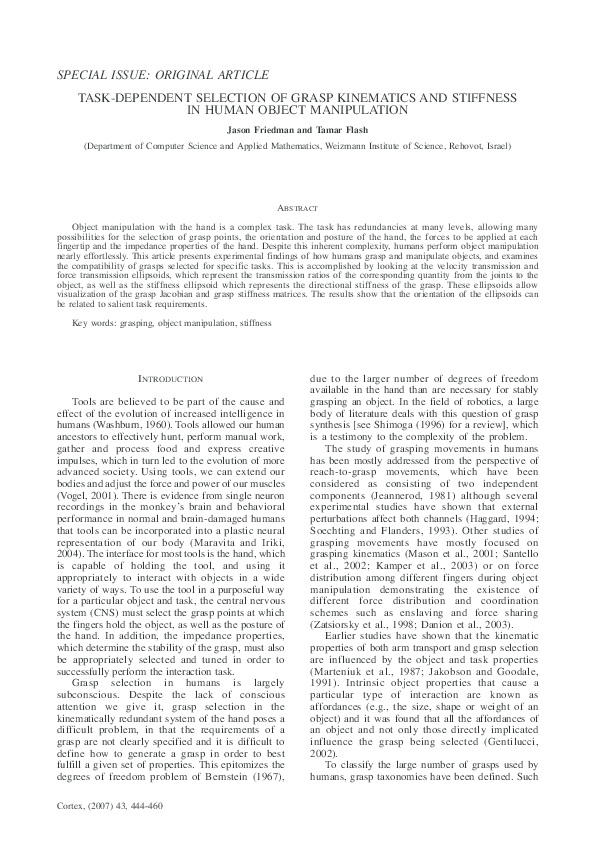Task Dependent Selection Of Grasp Kinematics And Stiffness In Human Object Manipulation