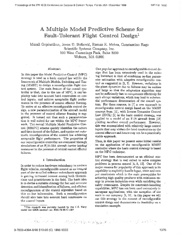 (PDF) A multiple model predictive scheme for fault-tolerant flight control design