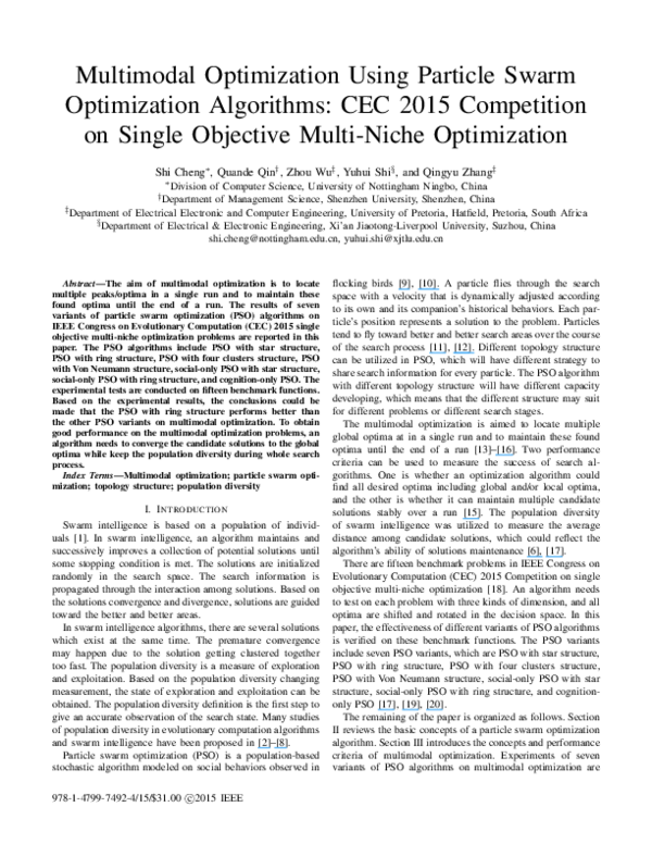 Pdf Multimodal Optimization Using Particle Swarm Optimization