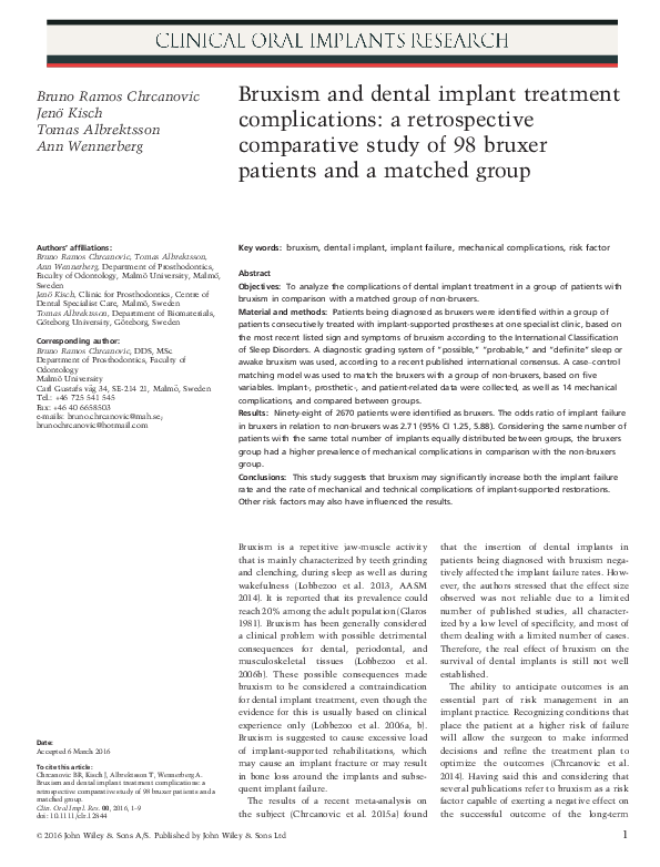 (PDF) Bruxism and dental implant treatment complications: a ...