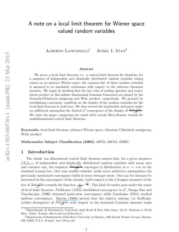 (PDF) A note on a local limit theorem for Wiener space valued random variables