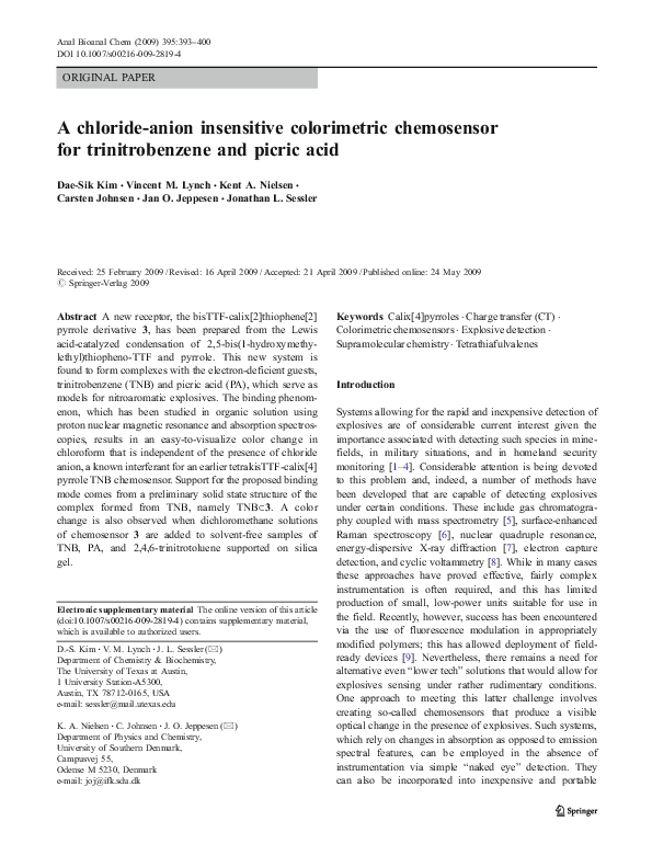 (PDF) A chloride-anion insensitive colorimetric chemosensor for ...