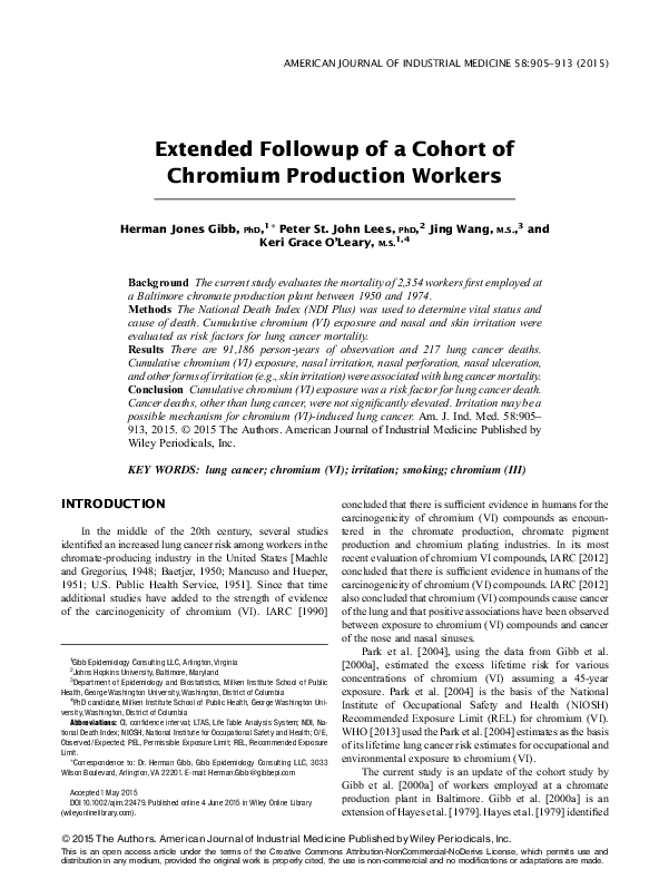 (PDF) Extended Followup of a Cohort of Chromium Production Workers