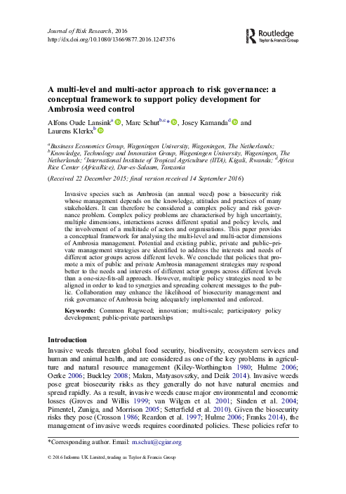 (PDF) A multi-level and multi-actor approach to risk governance: a ...