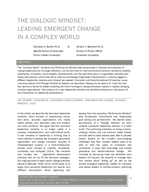 (PDF) THE DIALOGIC MINDSET: LEADING EMERGENT CHANGE IN A COMPLEX WORLD