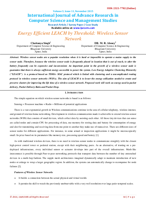 (PDF) Energy Efficient LEACH by Threshold: Wireless Sensor Network