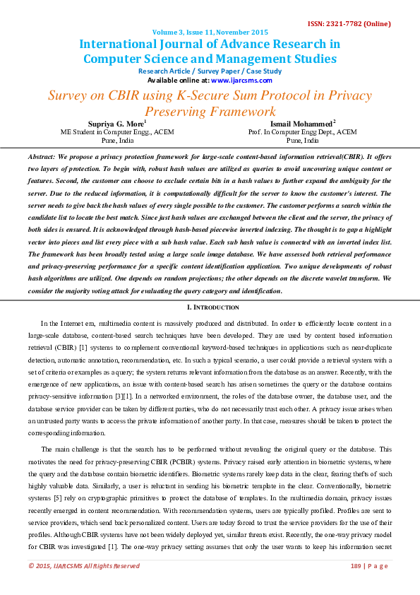 (PDF) Survey on CBIR using K-Secure Sum Protocol in Privacy Preserving Framework | International ...