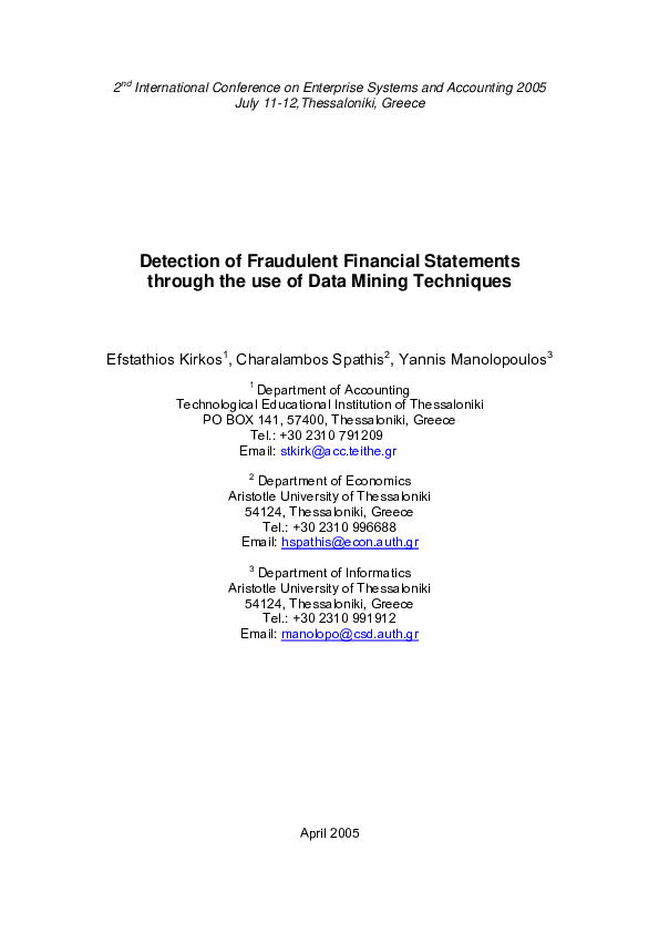 (PDF) Detection of fraudulent financial statements through the use of data mining techniques